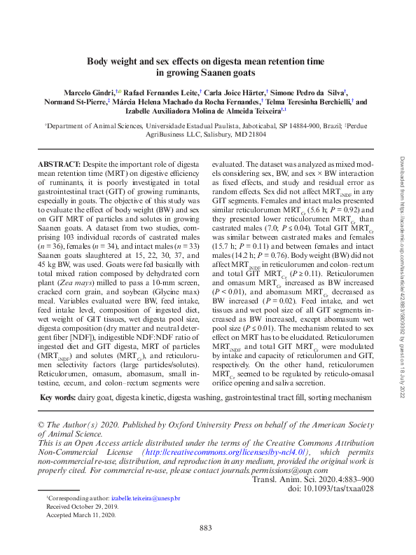 Pdf Body Weight And Sex Effects On Digesta Mean Retention Time In Growing Saanen Goats