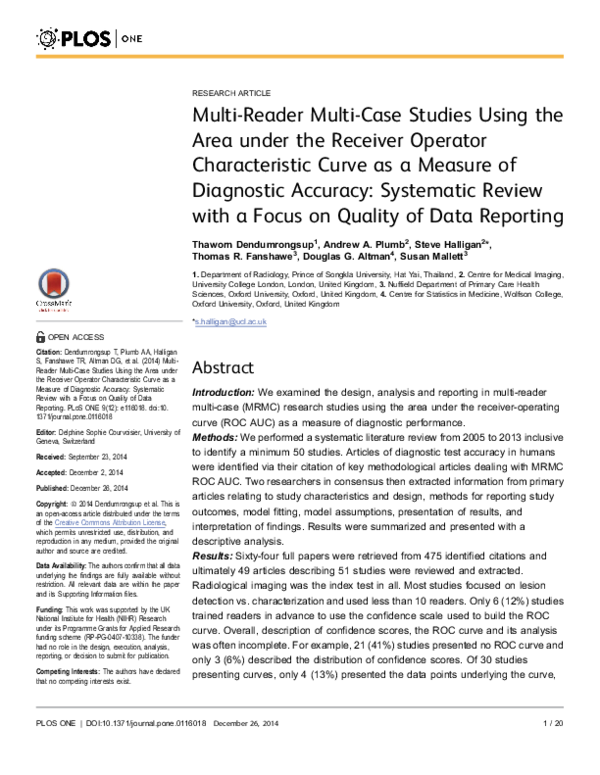 (PDF) Multi-Reader Multi-Case Studies Using the Area under the Receiver Operator Characteristic ...
