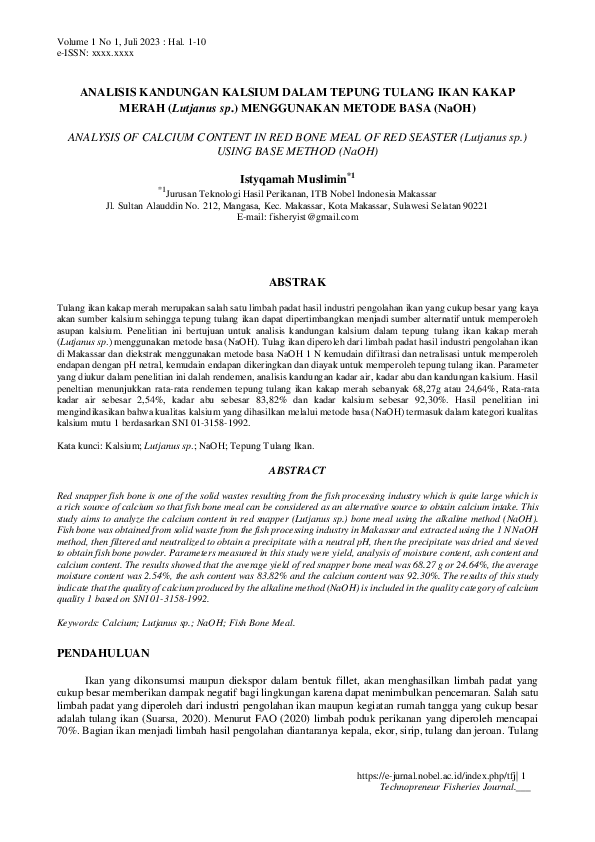 (PDF) ANALISIS KANDUNGAN KALSIUM DALAM TEPUNG TULANG IKAN KAKAP MERAH (Lutjanus sp.) MENGGUNAKAN ...