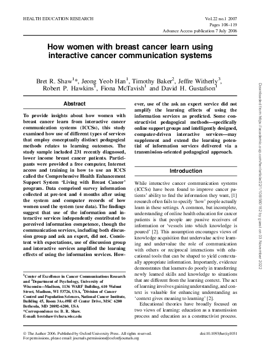 (PDF) How women with breast cancer learn using interactive cancer ...