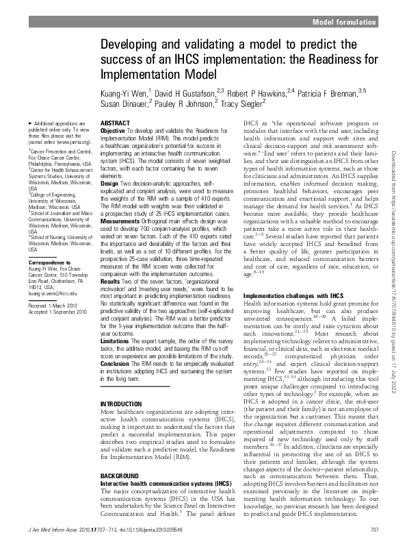 (PDF) Developing and validating a model to predict the success of an IHCS implementation: the ...