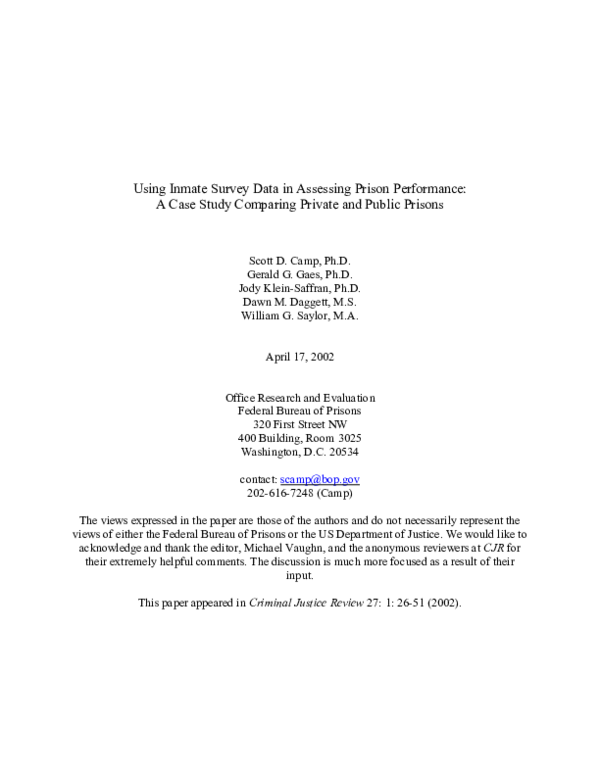 (PDF) Using Inmate Survey Data in Assessing Prison Performance a Case ...