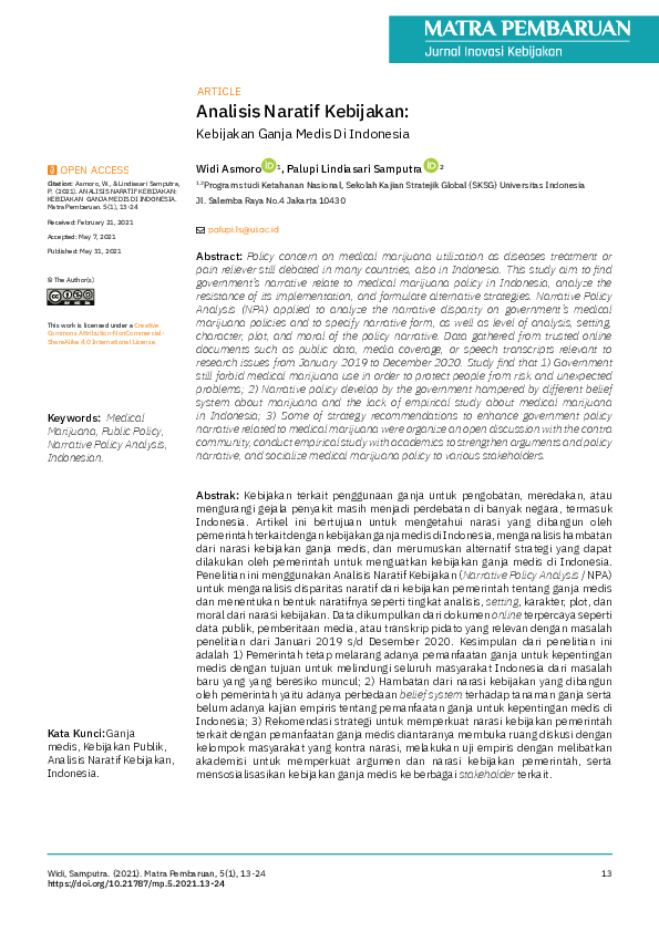 (PDF) Analisis Naratif Kebijakan: Kebijakan Ganja Medis di Indonesia | Dr. Palupi Lindiasari ...