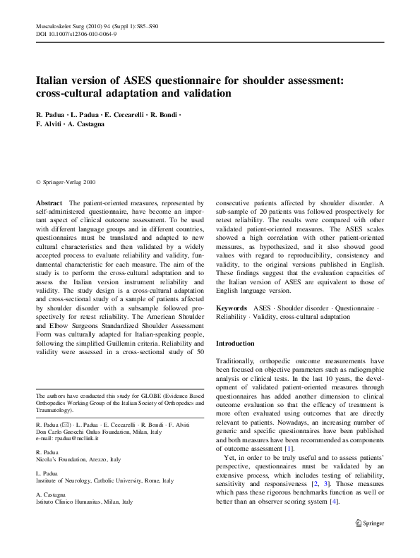(PDF) Italian version of ASES questionnaire for shoulder assessment ...