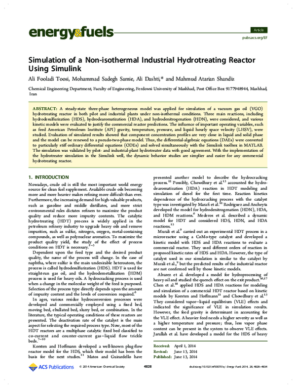 (PDF) Simulation of a non-isothermal industrial hydrotreating reactor using simulink
