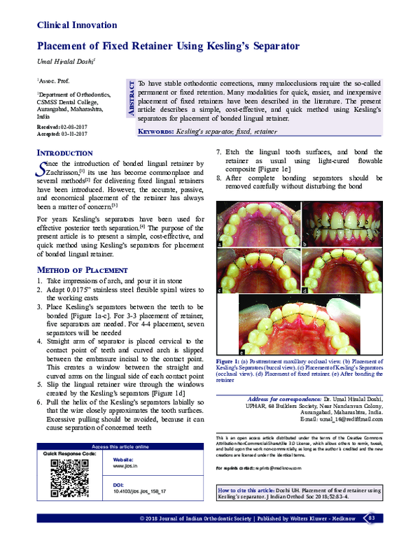 (PDF) Placement of fixed retainer using kesling's separator