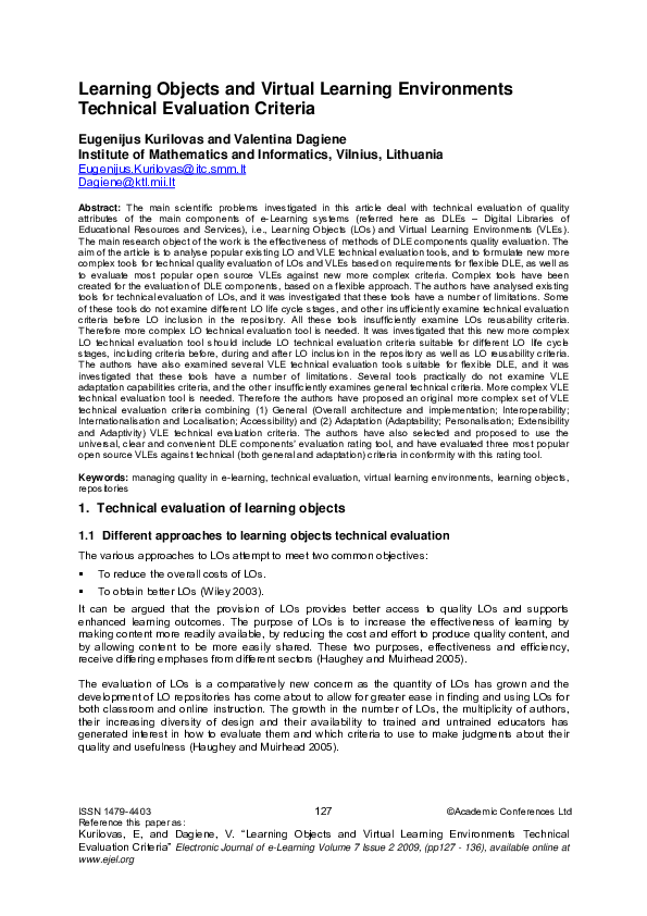 (PDF) Learning objects and virtual learning environments technical evaluation criteria
