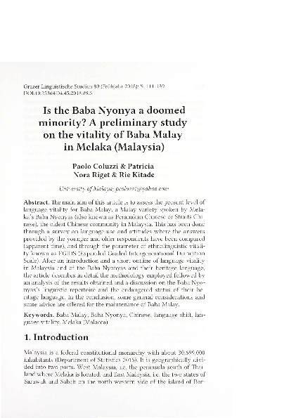 (PDF) Is the Baba Nonya a doomed minority? A preliminary study on the ...