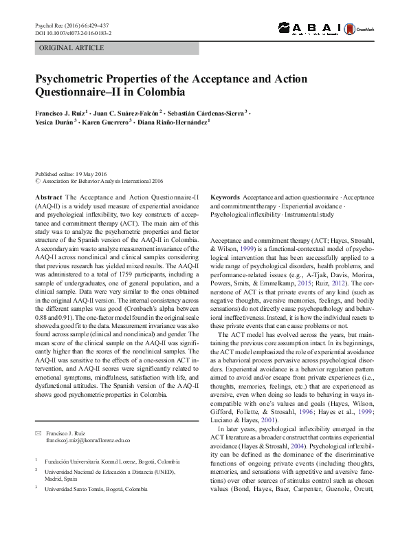 (PDF) Psychometric Properties of the Acceptance and Action Questionnaire–II in Colombia