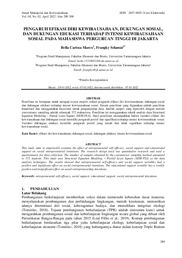 (PDF) Pengaruh Efikasi Diri Kewirausahaan, Dukungan Sosial, dan Dukungan Edukasi terhadap ...