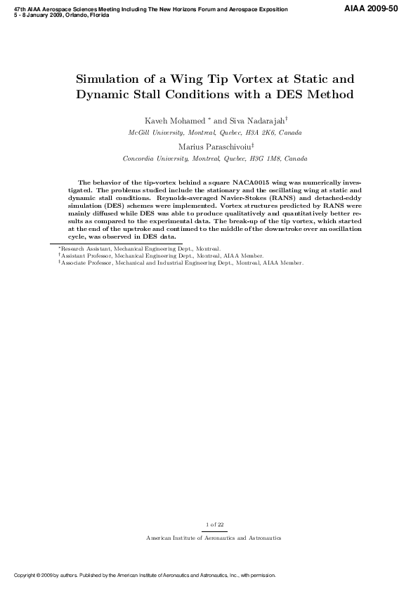 (PDF) Simulation of a Wing Tip Vortex at Static and Dynamic Stall Conditions with a DES Method