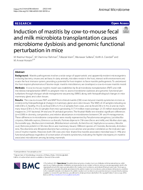 (PDF) Induction of mastitis by cow-to-mouse fecal and milk microbiota transplantation causes ...
