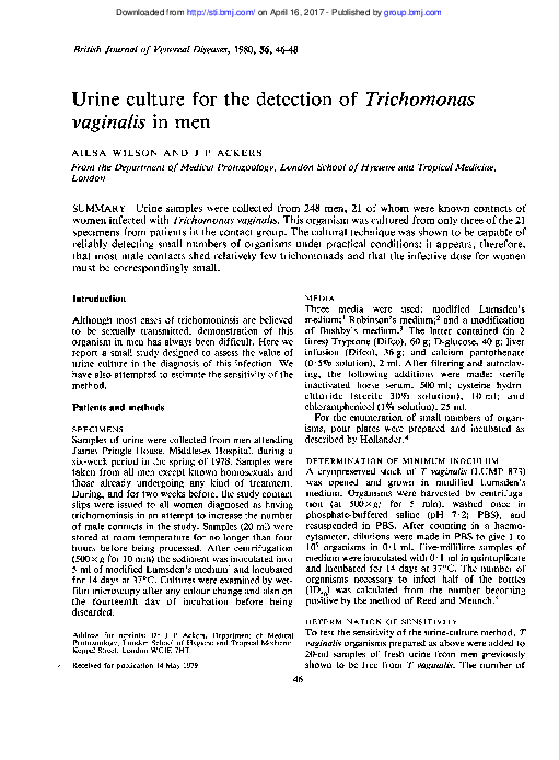 (PDF) Urine culture for the detection of Trichomonas vaginalis in men ...