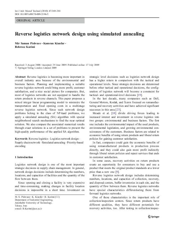 (PDF) Reverse logistics network design using simulated annealing