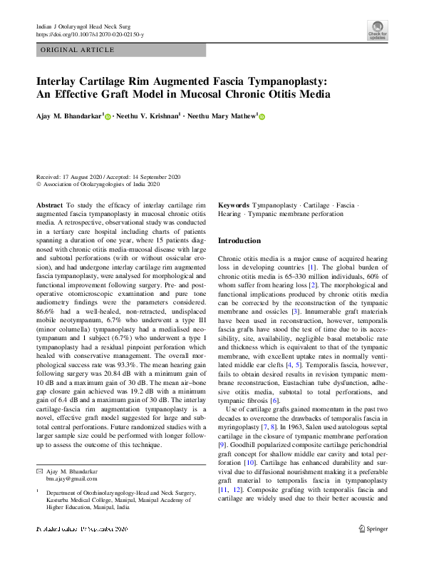 (PDF) Interlay Cartilage Rim Augmented Fascia Tympanoplasty: An Effective Graft Model in Mucosal ...