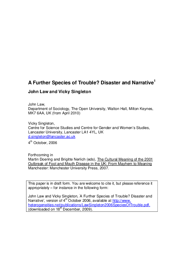 (PDF) Disaster: a further species of trouble? Disaster and narrative