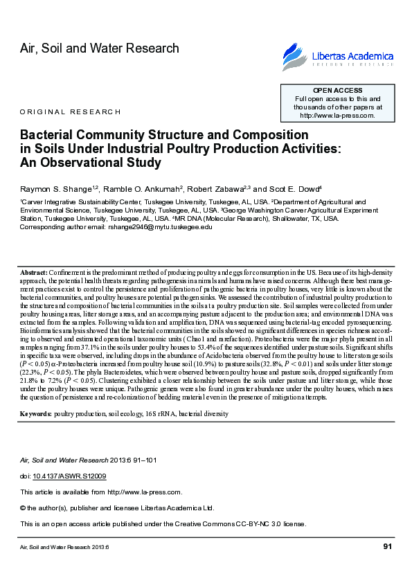 (PDF) Bacterial Community Structure and Composition in Soils under Industrial Poultry Production ...