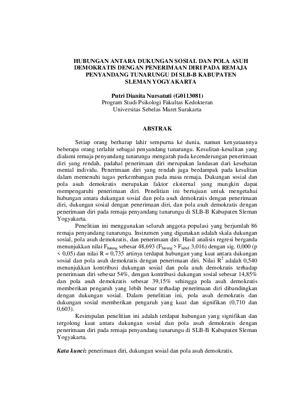 (PDF) Hubungan antara Dukungan Sosial dan Pola Asuh Demokratis dengan Penerimaan Diri pada ...