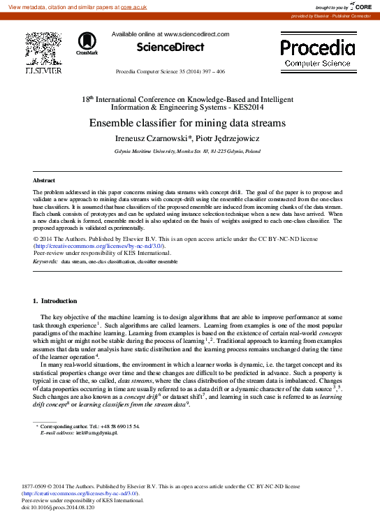 (PDF) Ensemble Classifier for Mining Data Streams