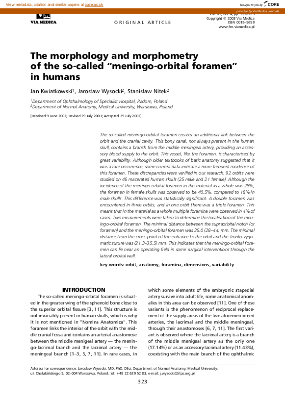 (PDF) The morphology and morphometry of the so-called "meningo-orbital foramen" in humans
