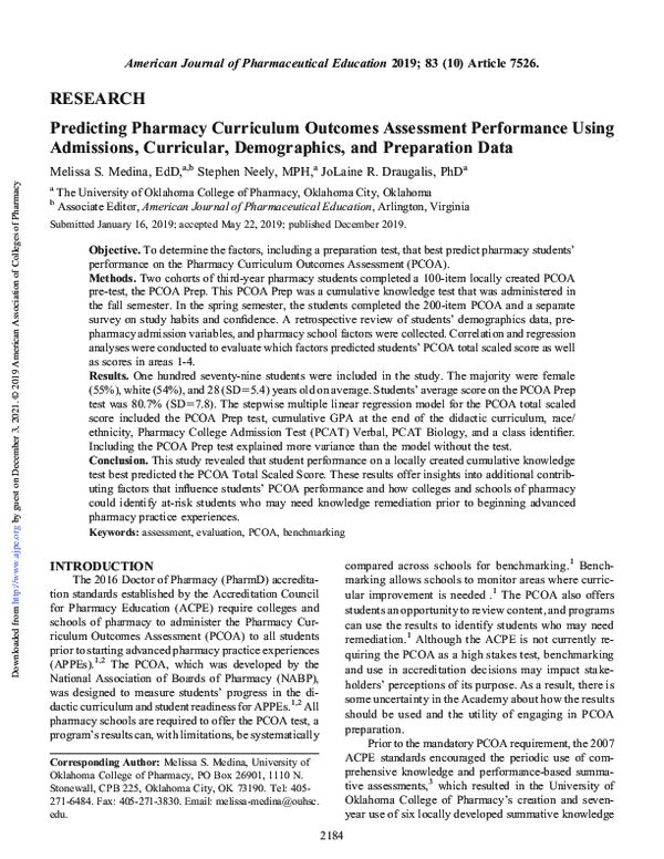 (PDF) Predicting Pharmacy Curriculum Outcomes Assessment Performance ...