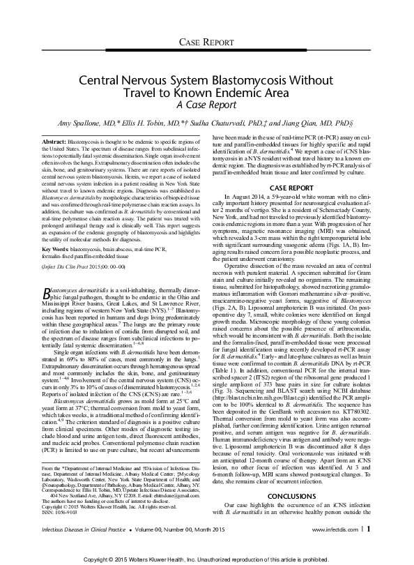 (PDF) Central Nervous System Blastomycosis Without Travel to Known ...