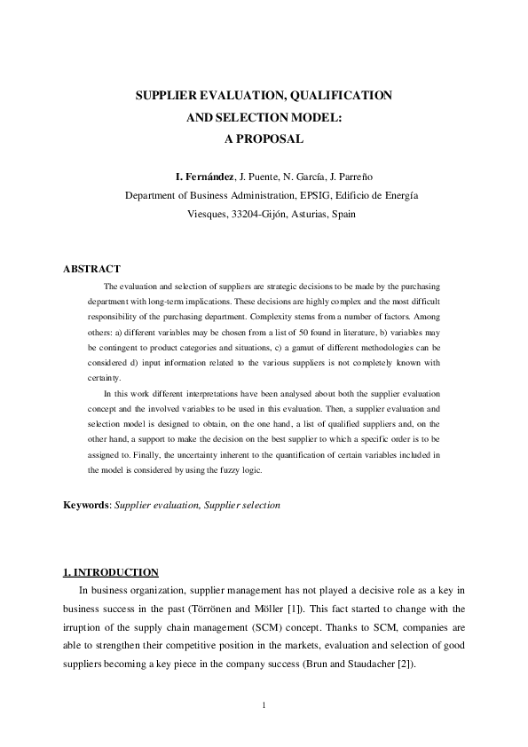 Pdf Supplier Evaluation Qualification And Selection Model A Proposal