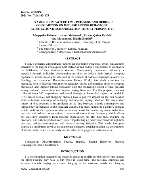 (PDF) EXAMINING IMPACT OF TIME PRESSURE AND HEDONIC CONSUMPTION ON ...