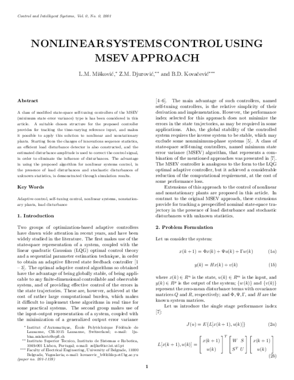 (PDF) Nonlinear System Control using the MSEV Approach (PDF) Nonlinear System Control using the MSEV Approach