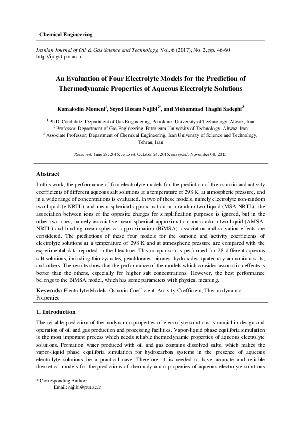 (PDF) An Evaluation of Four Electrolyte Models for the Prediction of ...