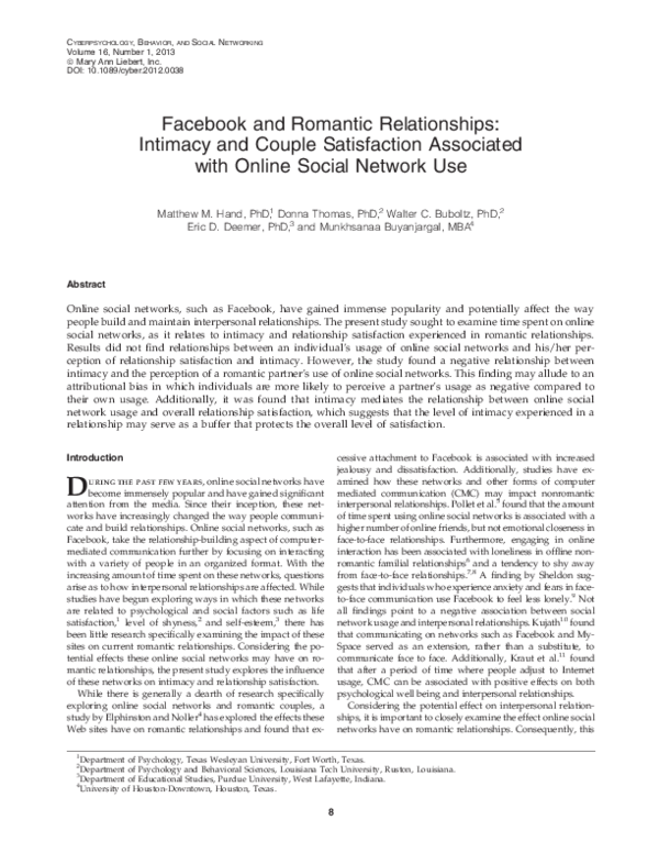 (PDF) Facebook and Romantic Relationships: Intimacy and Couple Satisfaction Associated with ...