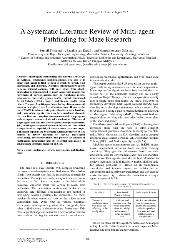 Pdf A Systematic Literature Review Of Multi Agent Pathfinding For Maze Research Semuil