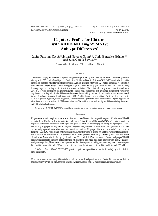 (PDF) Cognitive Profile for Children with ADHD by Using WISC-IV ...