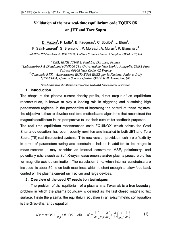 (PDF) Validation of the new real-time equilibrium code EQUINOX on JET and Tore Supra