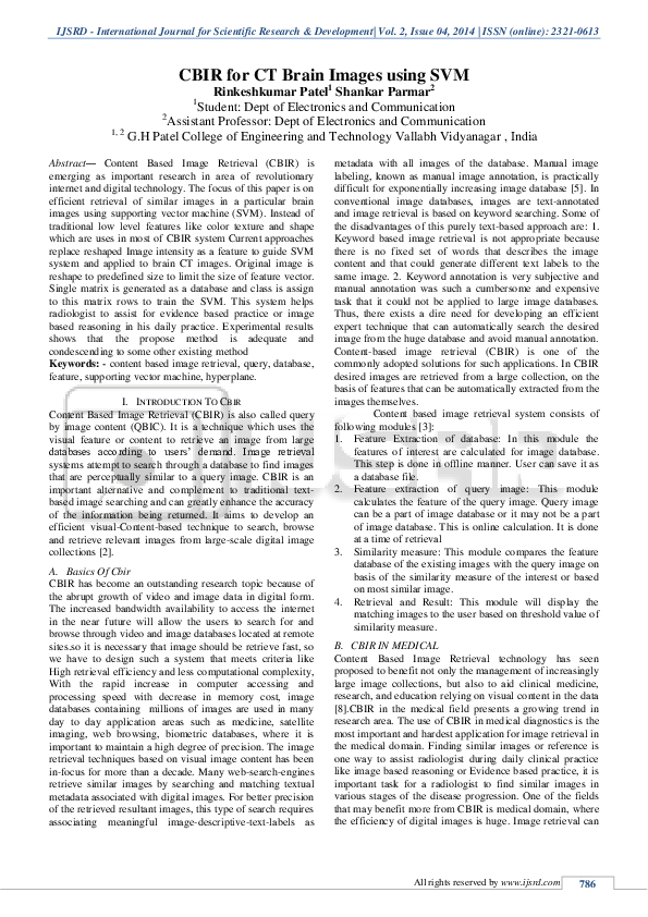 Pdf Cbir For Ct Brain Images Using Svm
