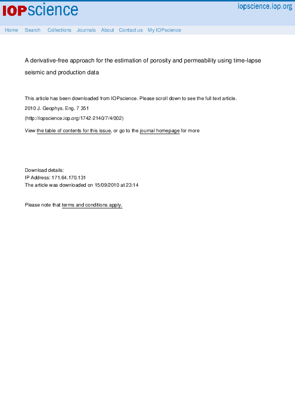 Pdf A Derivative Free Approach For The Estimation Of Porosity And Permeability Using Time