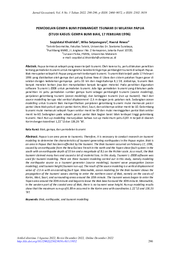 (PDF) Pemodelan Gempa Bumi Pembangkit Tsunami DI Wilayah Papua (Studi ...
