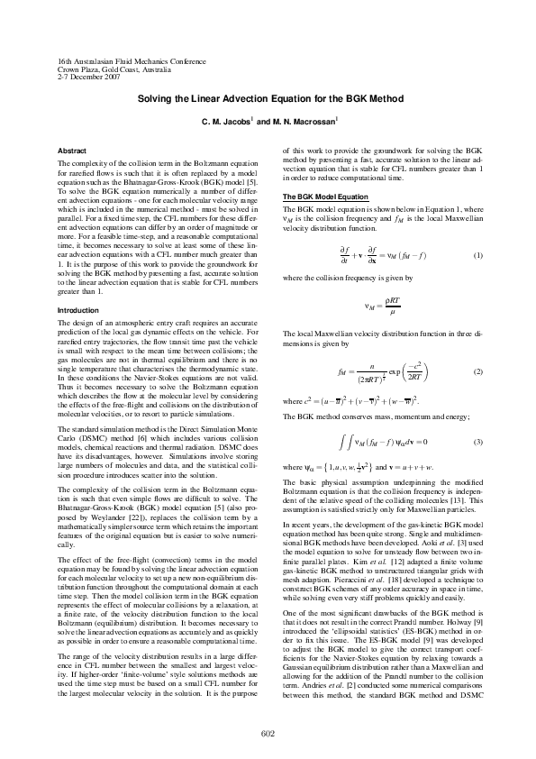 (PDF) Solving the Linear Advection Equation for the BGK Method