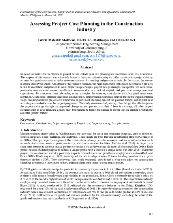 (PDF) Assessing Project Cost Planning in the Construction Industry