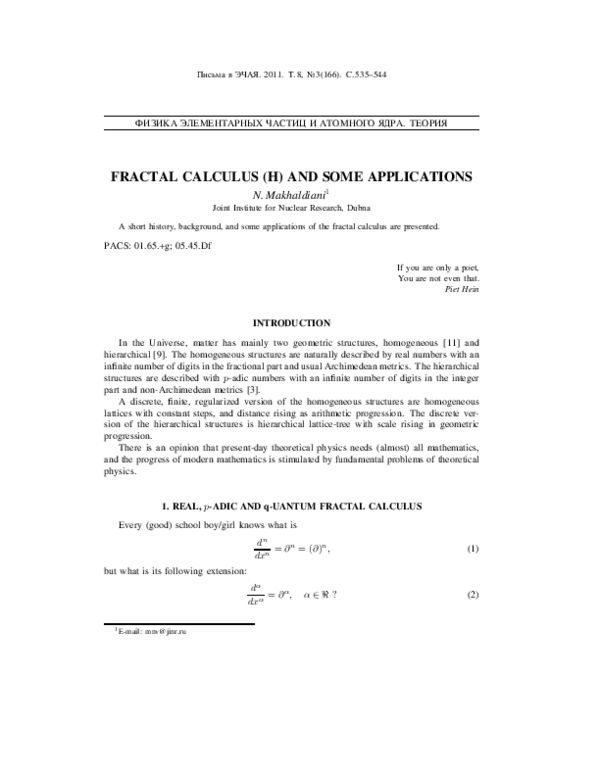 (PDF) Fractal calculus (H) and some applications
