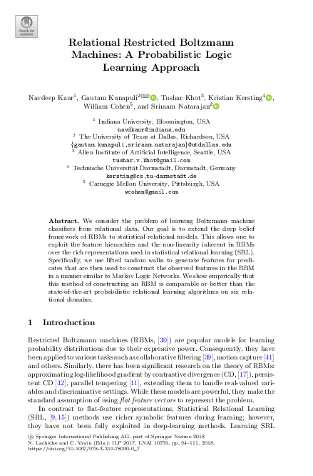 (PDF) Relational Restricted Boltzmann Machines: A Probabilistic Logic Learning Approach