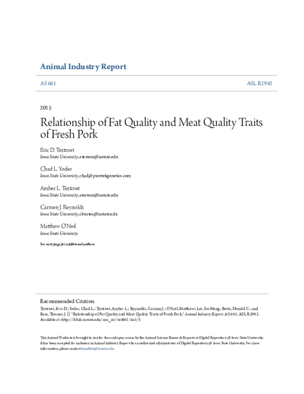 (PDF) Relationship of Fat Quality and Meat Quality Traits of Fresh Pork