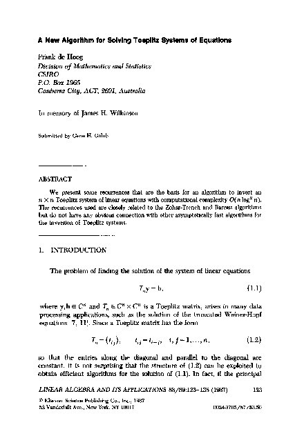Pdf A New Algorithm For Solving Toeplitz Systems Of Equations Frank De Hoog