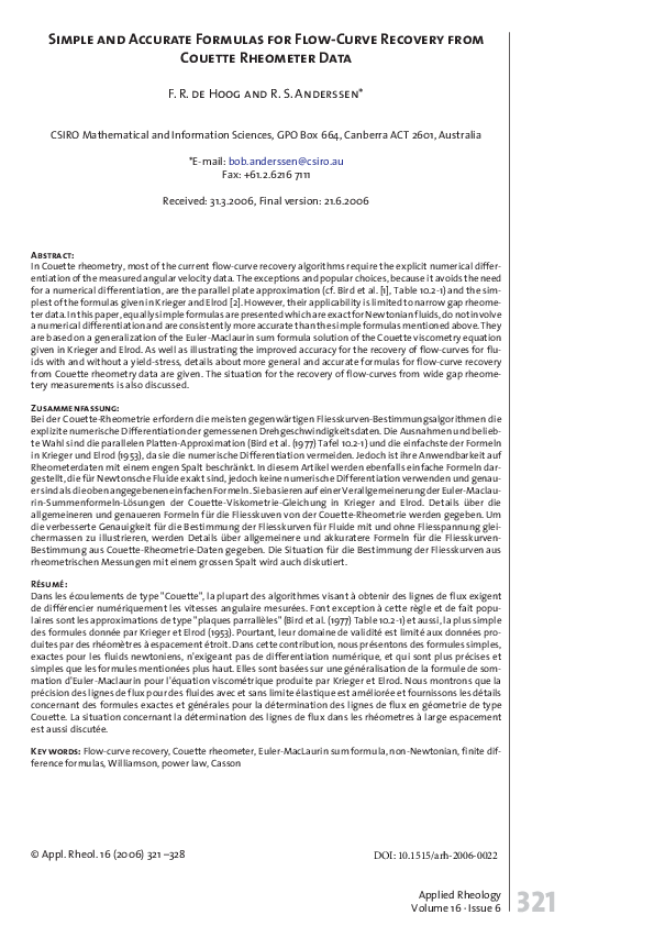 (PDF) Simple and Accurate Formulas for Flow-Curve Recovery from Couette ...