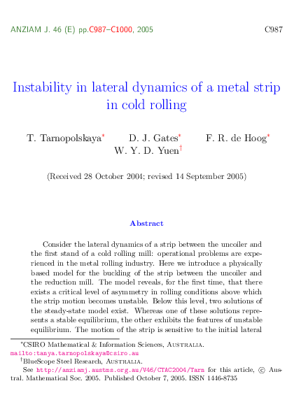(PDF) Instability in lateral dynamics of a metal strip in cold rolling