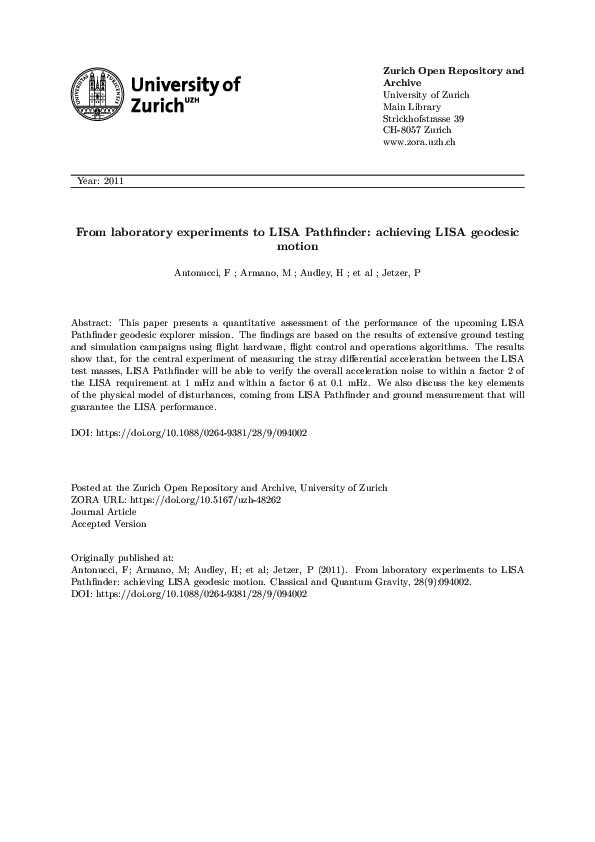 (PDF) From laboratory experiments to LISA Pathfinder: achieving LISA ...