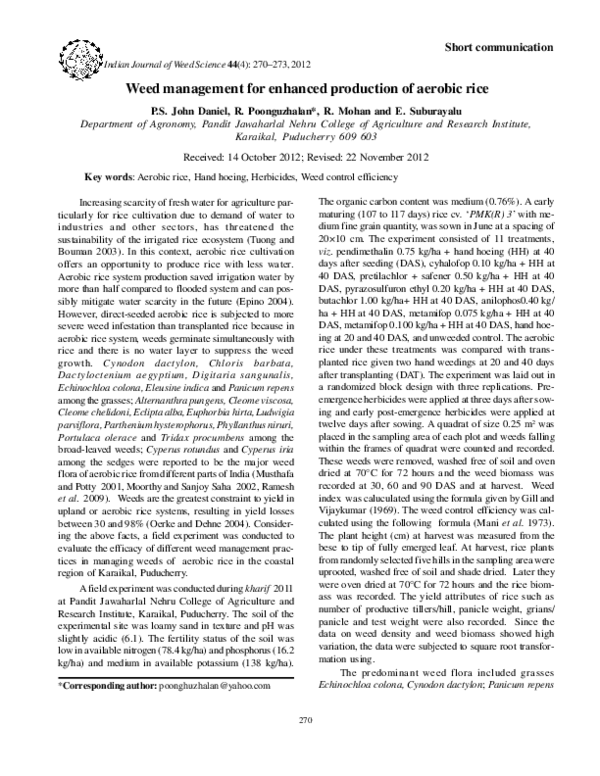 (PDF) Weed management for enhanced production of aerobic rice