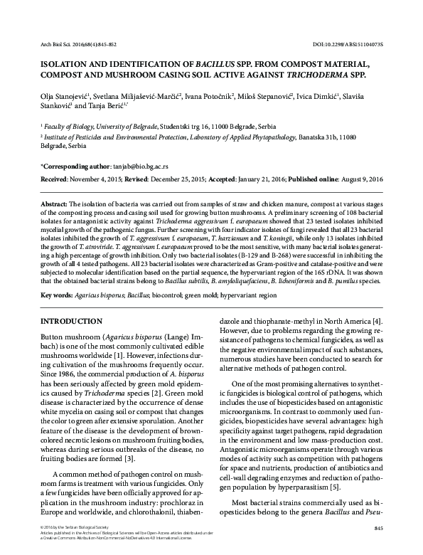 (PDF) Isolation and identification of Bacillus spp. from compost material, compost and mushroom ...