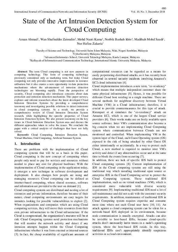 (PDF) State of the Art Intrusion Detection System for Cloud Computing