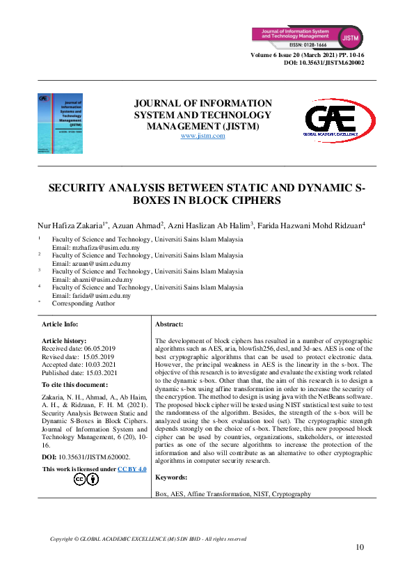 Pdf Security Analysis Between Static And Dynamic S Boxes In Block Ciphers